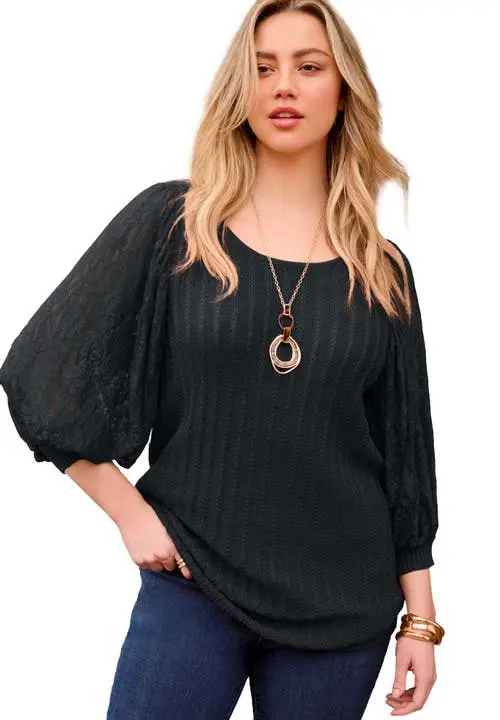 Roaman's Lace Sleeve Sweater - Black