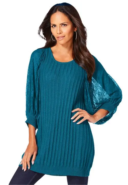 Roaman's Lace Sleeve Sweater - Deep Teal