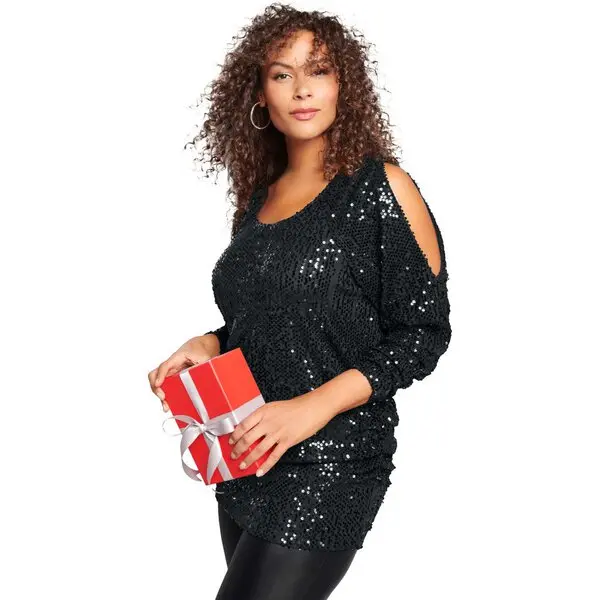 Roaman's Cold Shoulder Sequin Tunic - Black
