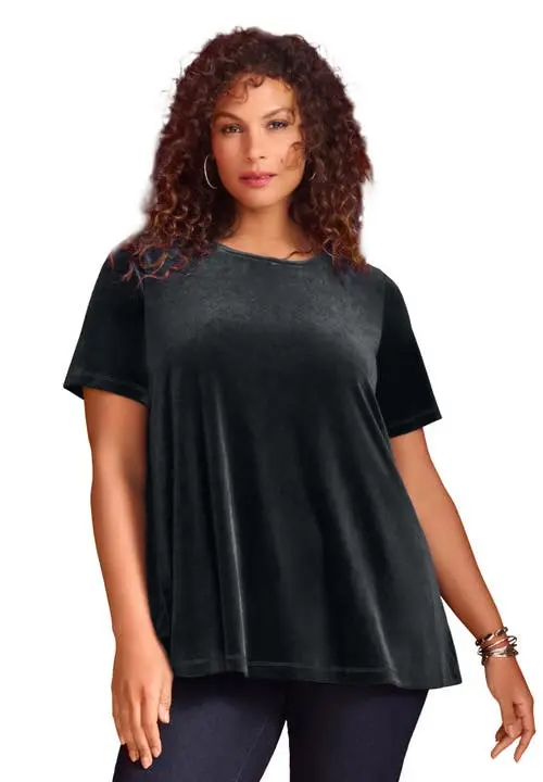 Roaman's Velour Swing Tee With Keyhole Detail - Black