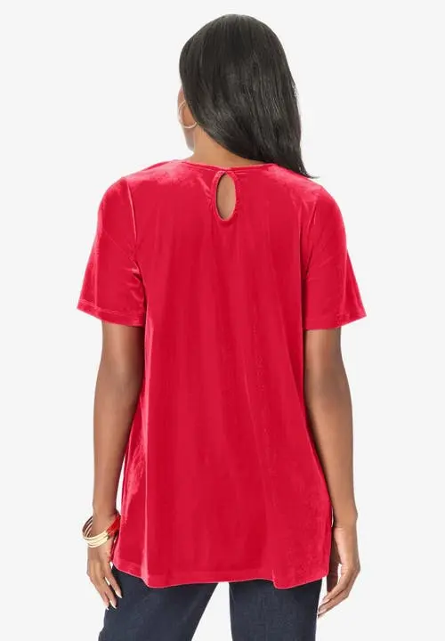 Roaman's Velour Swing Tee With Keyhole Detail - Black