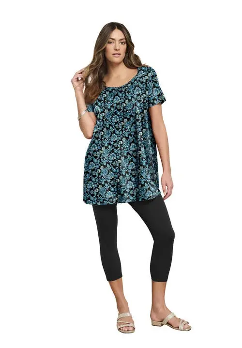 ROAMAN'S Cotton Ultimate Scoopneck Swing Tunic - Black Watercolor Flowers