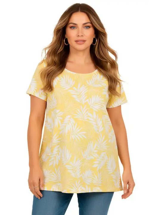 ROAMAN'S Cotton Ultimate Scoopneck Swing Tunic - Lemon Mist Silhouette Palm