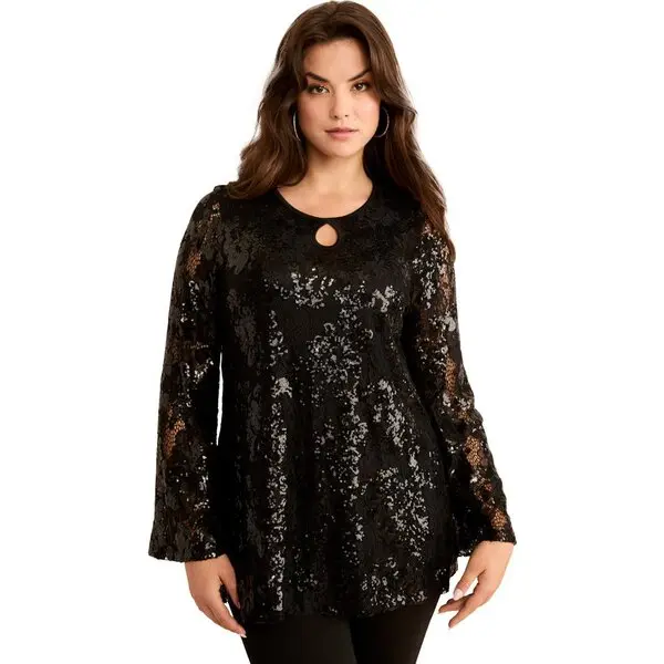 Roaman's Sequined Keyhole Blouse - Black