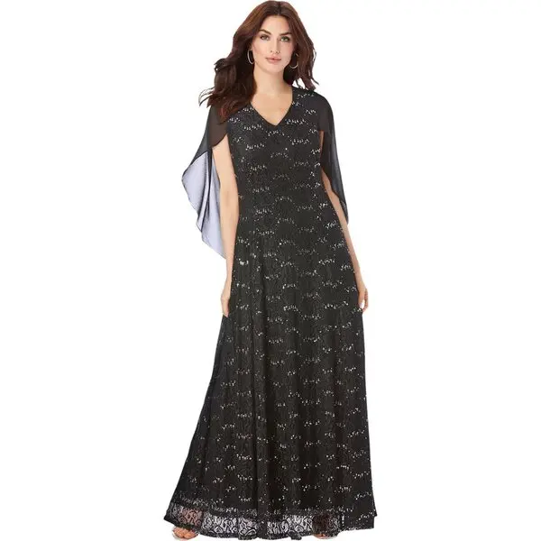 Roaman's Allover Lace Gown With Capelet - Black