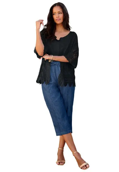 Roaman's Scallop Trim Crochet Cardigan - Black
