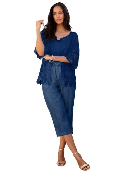 Roaman's Scallop Trim Crochet Cardigan - Evening Blue