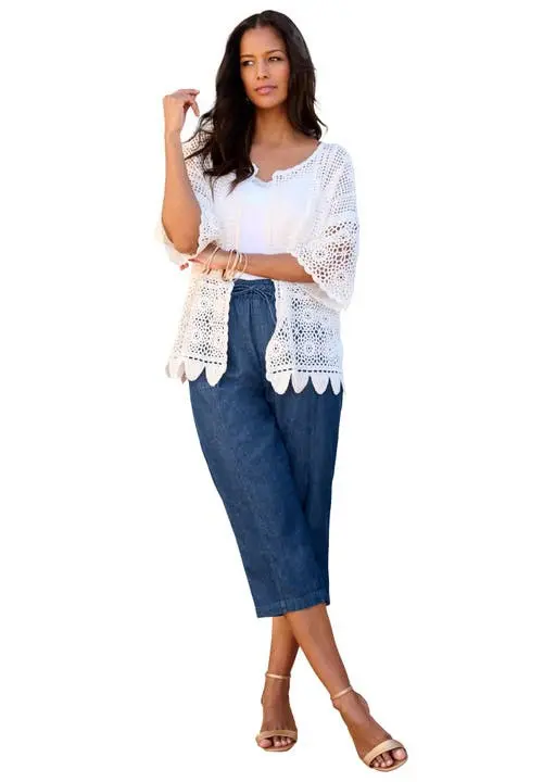 Roaman's Scalloped Trim Crochet Cardigan - White