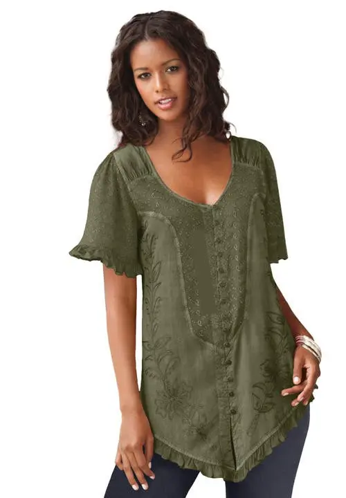 ROAMAN'S Acid Wash Tunic - Dark Olive Green