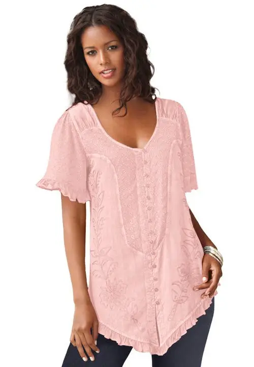 ROAMAN'S Acid Wash Tunic - Vibrant Rose