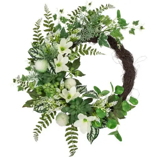 NORTHLIGHT Hellebores And Ivy Artificial Spring Floral Wreath - Green