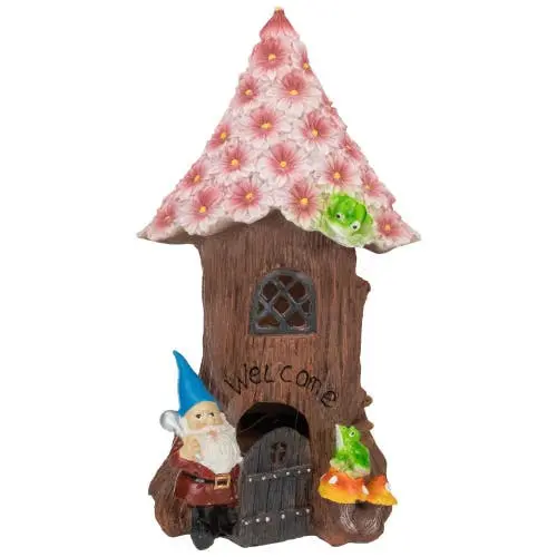 NORTHLIGHT 14" Solar Lighted Bless Our Home Gnome Tree House Outdoor Garden Statue - Brown