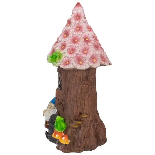 NORTHLIGHT 14" Solar Lighted Bless Our Home Gnome Tree House Outdoor Garden Statue