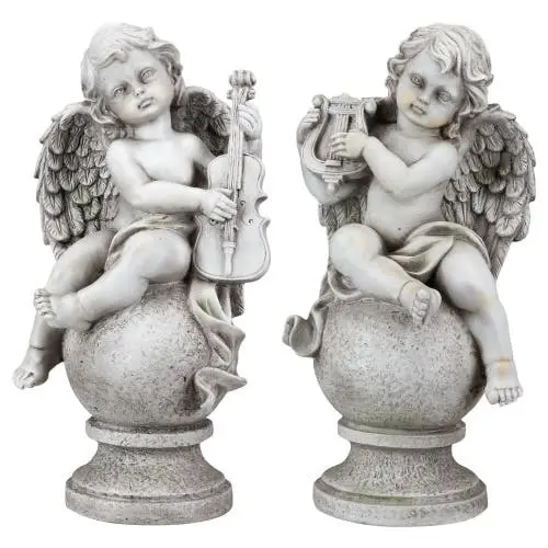 NORTHLIGHT 14.75" Set Of 2 Cherub Angels With Instruments Outdoor Garden Statues - Gray