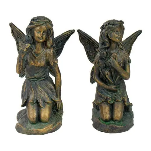 NORTHLIGHT Set Of 2 Kneeling Fairies With Flowers And A Butterfly Outdoor Garden Statues7" - Bronze