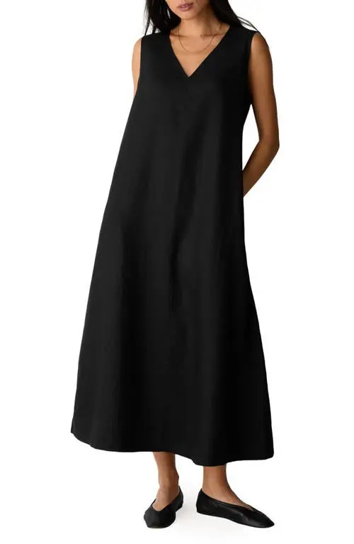 Eileen Fisher Sleeveless Linen Midi Shift Dress - Black