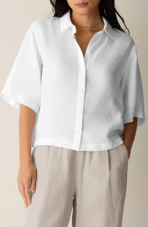 Eileen Fisher Organic Linen Button-up Shirt With Elbow Sleeves - White