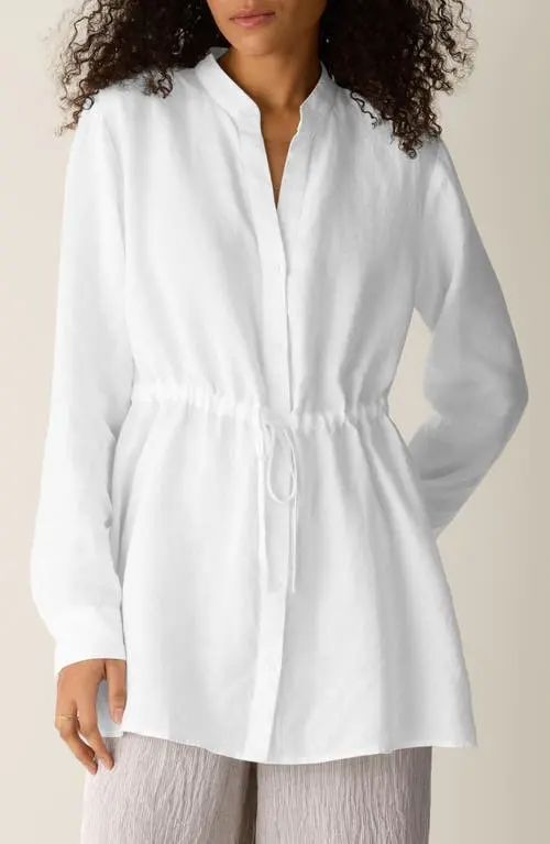 Eileen Fisher Split Neck Linen Drawstring Shirt - White