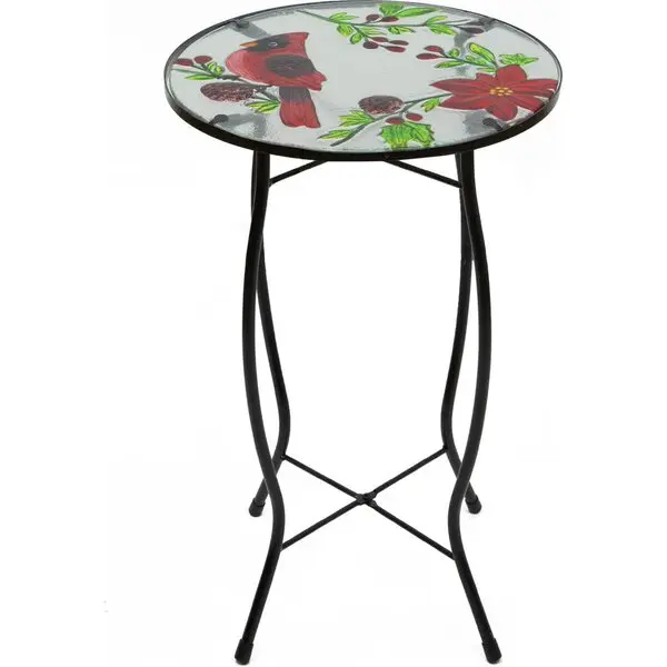 NORTHLIGHT 19" Cardinal And Pine Cone Glass Patio Side Table - Red