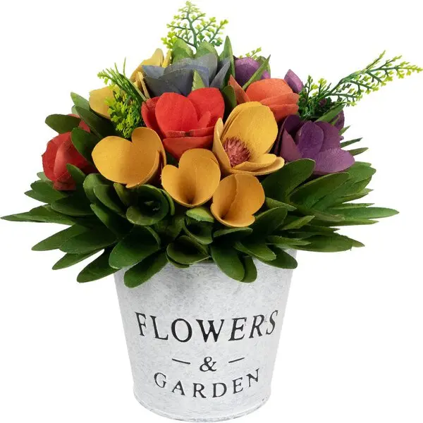 NORTHLIGHT Wooden Artificial Spring Floral Arrangement With "flowers And Garden" Pot8 - Yellow