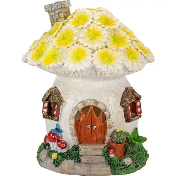 NORTHLIGHT 7.25" Solar Lighted Flower House Outdoor Garden Statue - Brown