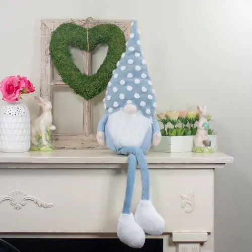 NORTHLIGHT Sitting Spring Gnome Figure With A Pointy Polka Dot Hat34" And White