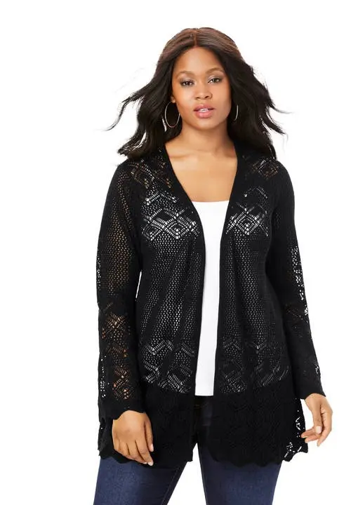 Roaman's Bell Sleeve Pointelle Cardigan - Black
