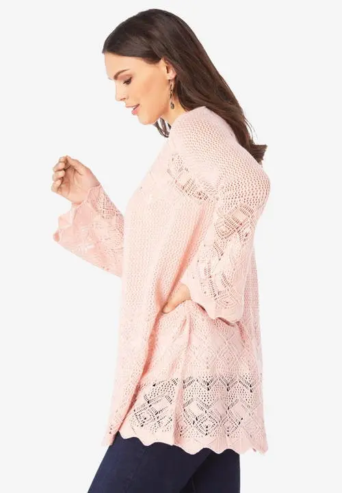 ROAMAN'S Bell Sleeve Pointelle Cardigan With Scalloped Trim - Soft Blush