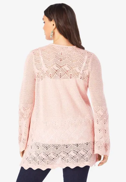 Roaman's Bell Sleeve Pointelle Cardigan With Scalloped Trim - Soft Blush