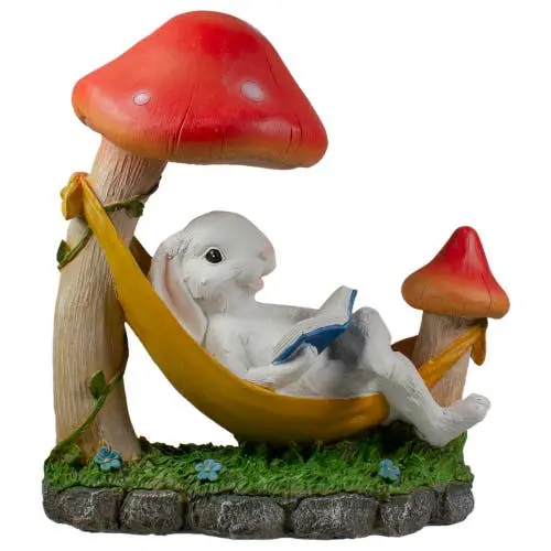 NORTHLIGHT 11.75" White Bunny In Hammock Outside Garden Statue - Red