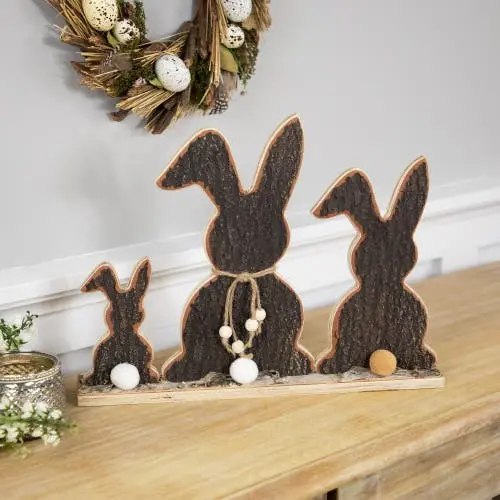 NORTHLIGHT Rabbit Trio Wooden Tree Bark Easter Decoration15.75
