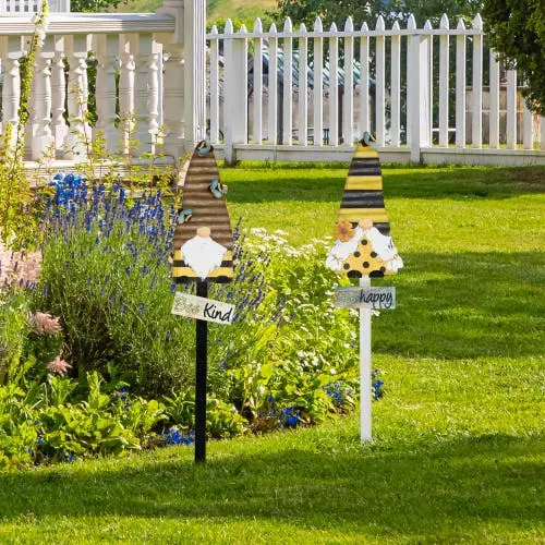 NORTHLIGHT Bee Gnomes Wooden Garden Stakes24"set Of 2