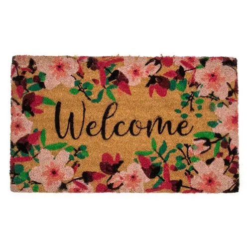 NORTHLIGHT Natural Coir Blossoming Floral Outdoor Rectangular "welcome" Doormat 18" X 30 - Brown