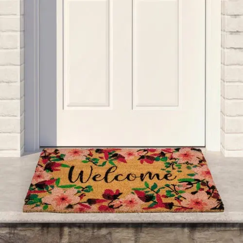 NORTHLIGHT Natural Coir Blossoming Floral Outdoor Rectangular "welcome" Doormat 18" X 30