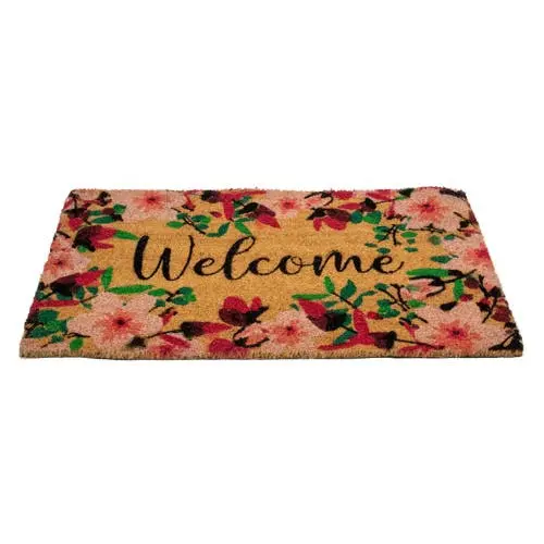 NORTHLIGHT Natural Coir Blossoming Floral Outdoor Rectangular "welcome" Doormat 18" X 30