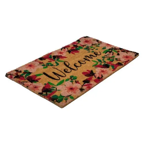 NORTHLIGHT Natural Coir Blossoming Floral Outdoor Rectangular "welcome" Doormat 18" X 30