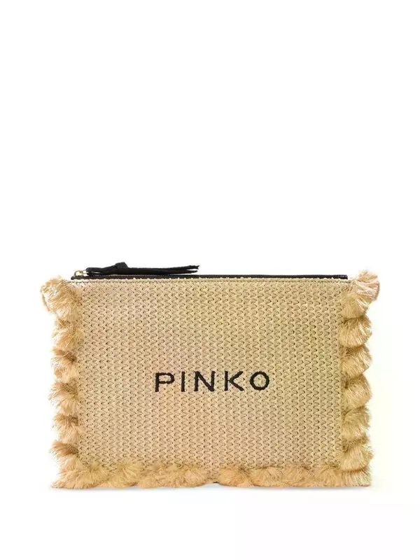 Pinko Small Raffia Clutch With Tassels And Logo - Neutrals