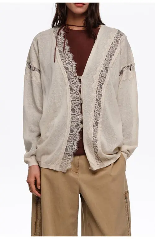 Bimba Y Lola Long Cotton And Linen Cardigan With Lace Trim - Sand