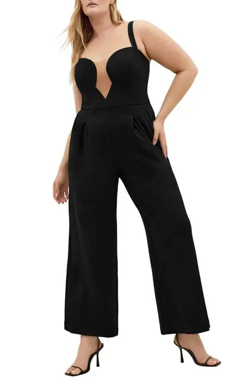 City Chic Wide Leg Plunge Jumpsuit - Black