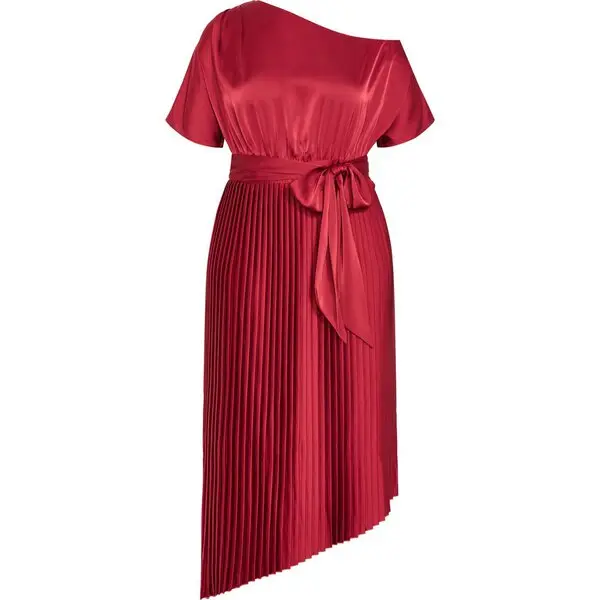 City Chic Payton Pleated One-shoulder Maxi Dress - Currant