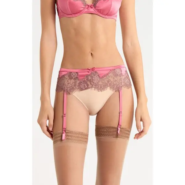 FLEUR DU MAL Juliet Lace Trim Stretch Silk Garter Belt - Fraise