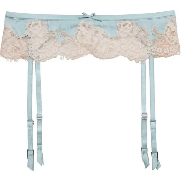 FLEUR DU MAL Juliet Lace Trim Stretch Silk Garter Belt - Frosted Mint