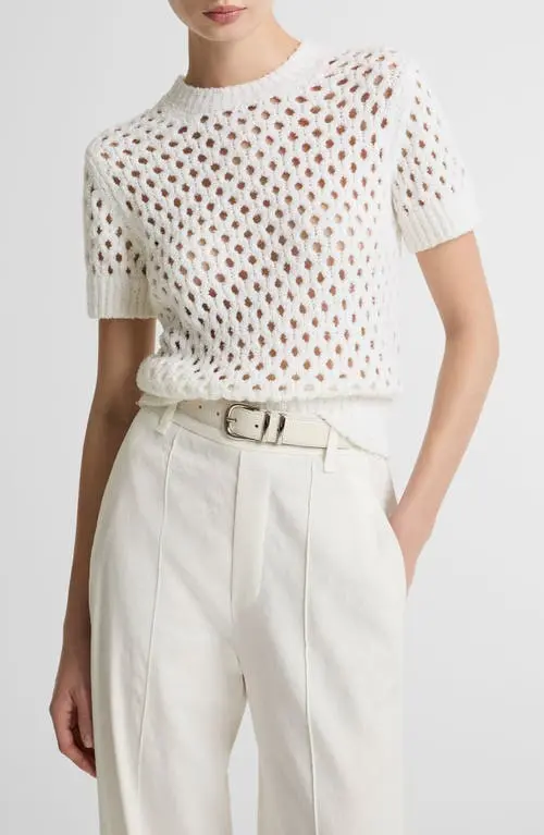 Vince Boxy Honeycomb Knit Short Sleeve Sweater - Optic White