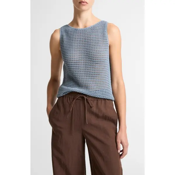 Vince Cotton Blend Cord Openwork Tank - Lagoon