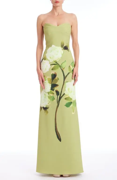 Badgley Mischka Floral Strapless Sheath Gown - Lime Multi