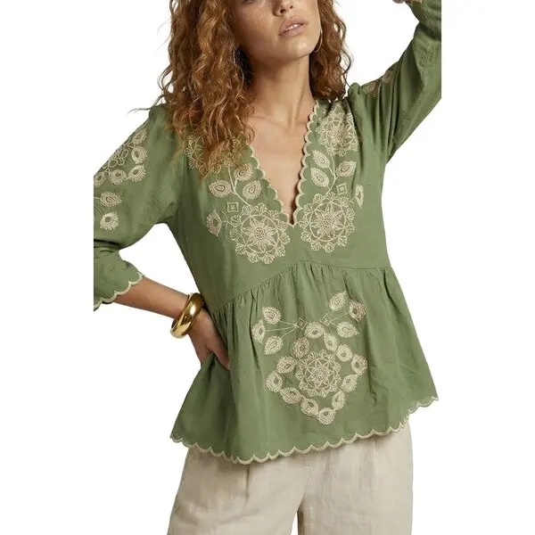 RAFFYA Embroidered V-neck Blouse - Light Green