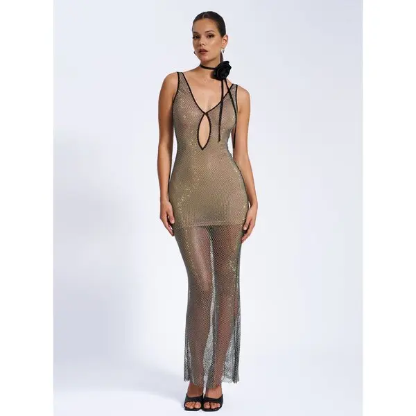 MISS CIRCLE Quiana Mesh Rhinestone Maxi Dress - Metallic Gold