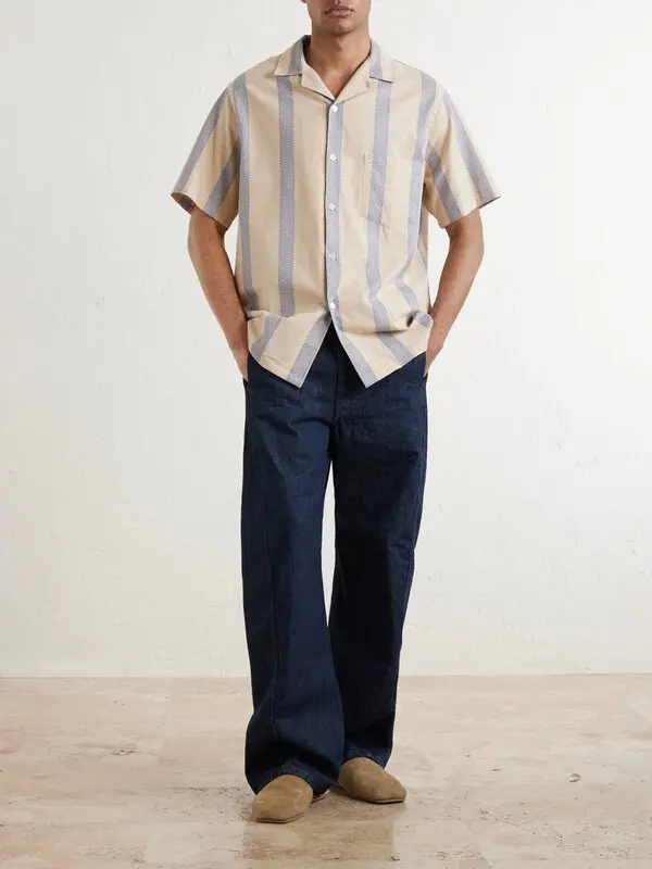 Portuguese Flannel Lousada Camp-collar Embroidered Striped Cotton Shirt - Neutrals