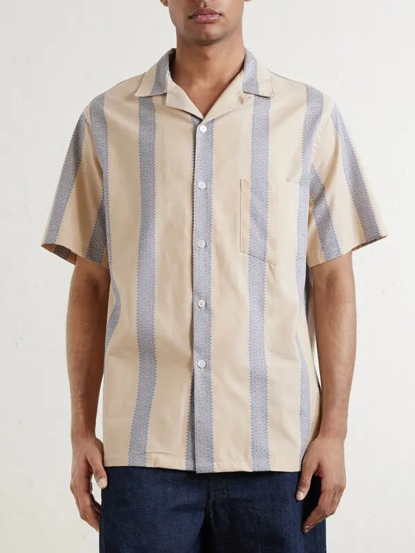 Portuguese Flannel Lousada Camp-collar Embroidered Striped Cotton Shirt - Neutrals