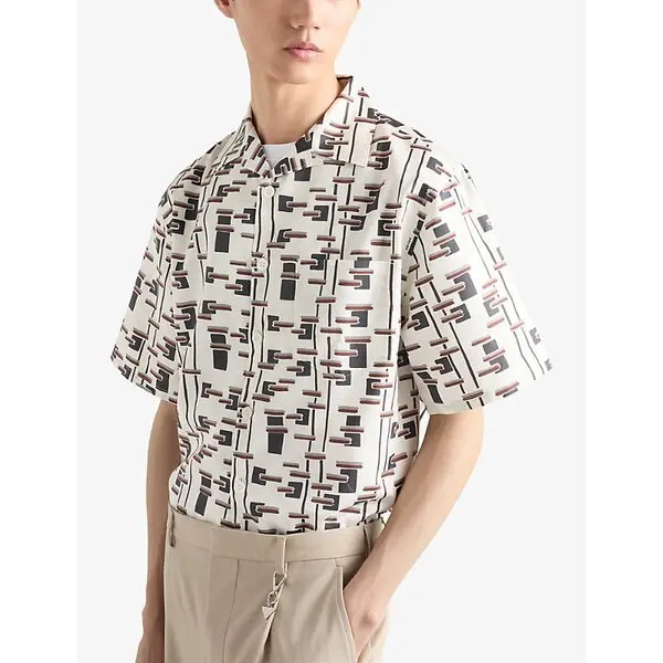 Prada Abstract-print Short-sleeved Cotton-blend Shirt - Neutral